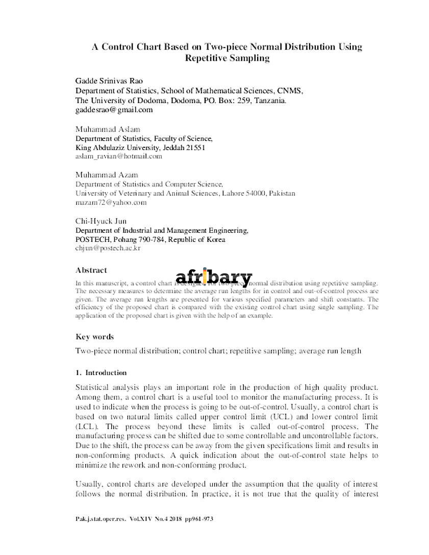 A Control Chart Based on Two-piece Normal Distribution Using Repetitive Sampling | Afribary
