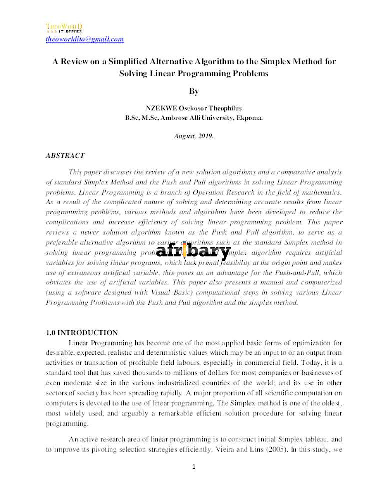 A Review On A Simplified Alternative Algorithm To The Simplex Method