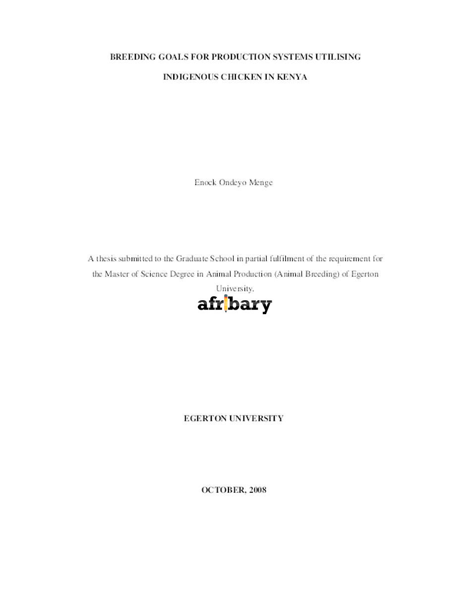 Breeding Goals For Production Systems Utilising Indigenous Chicken In