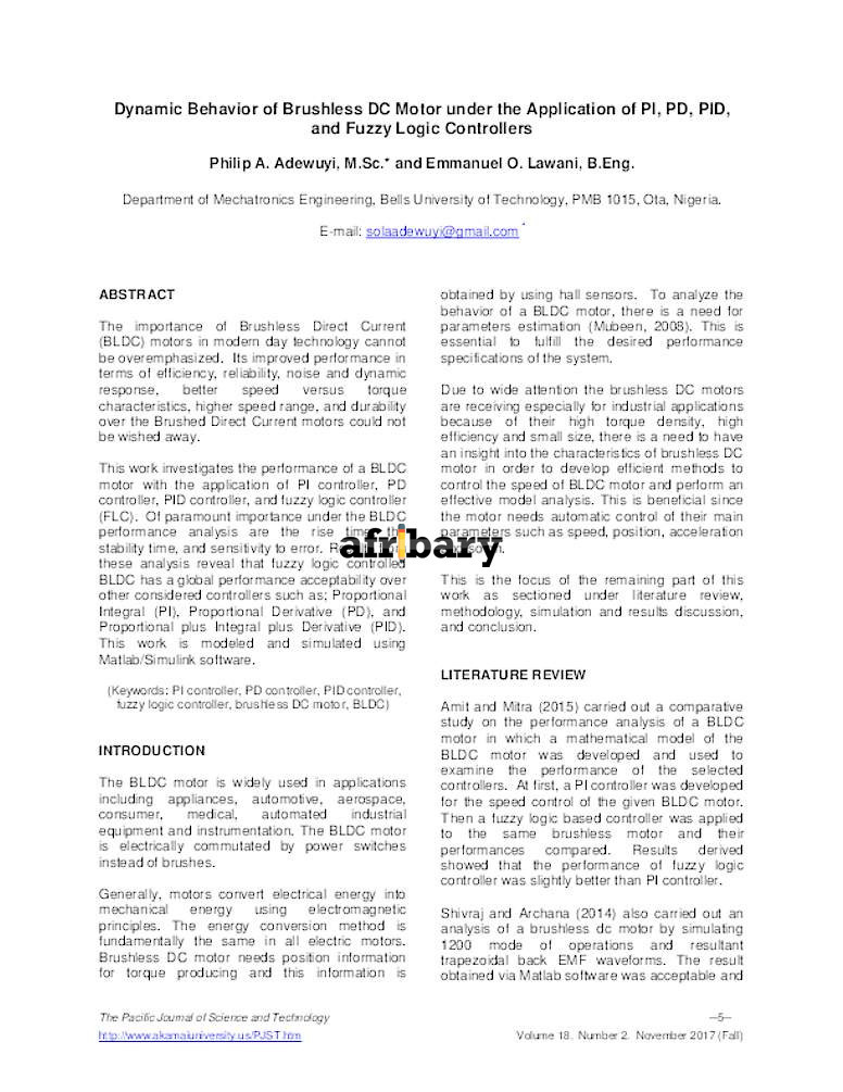 Dynamic Behavior Of Brushless Dc Motor Under The Application Of Pi Pd Pid And Fuzzy Logic