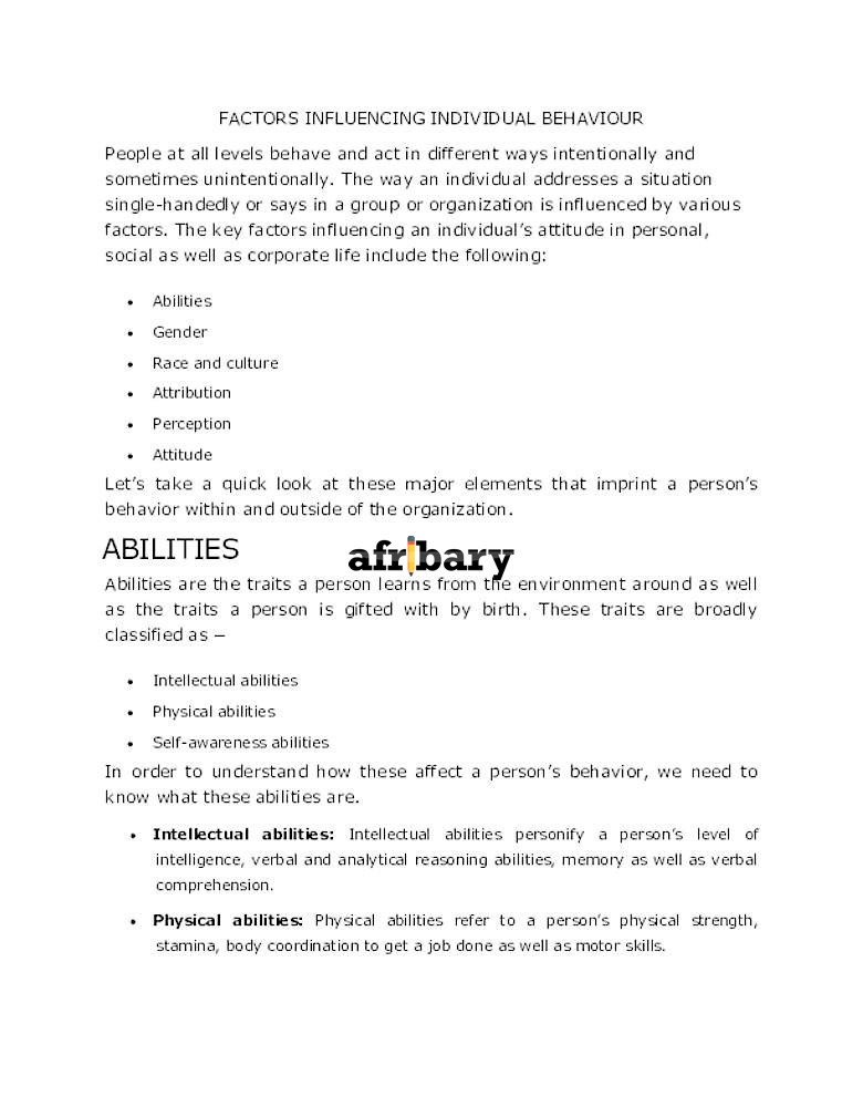 FACTORS INFLUENCING INDIVIDUAL BEHAVIOUR | Afribary