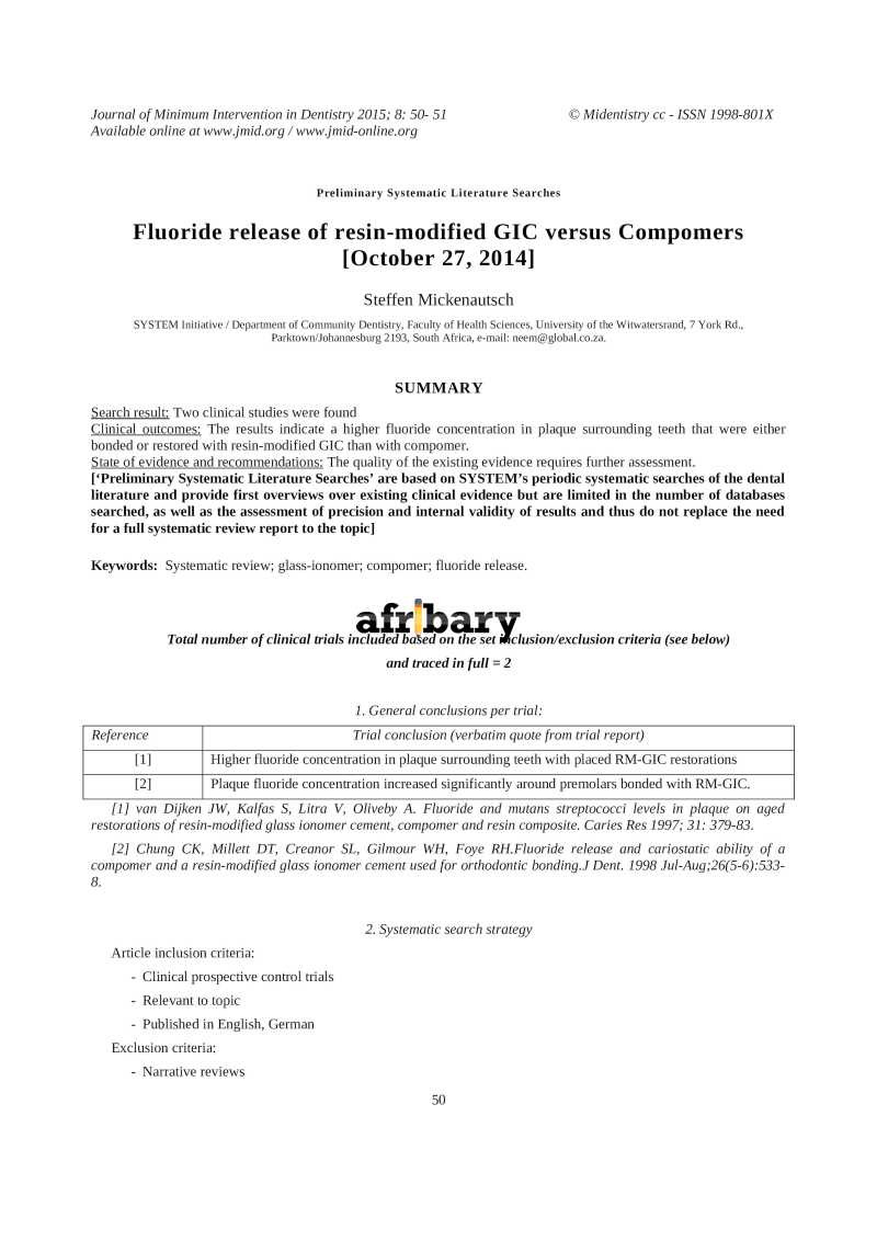 Fluoride Release Of Resin Modified Gic Versus Compomers [october 27 2014]