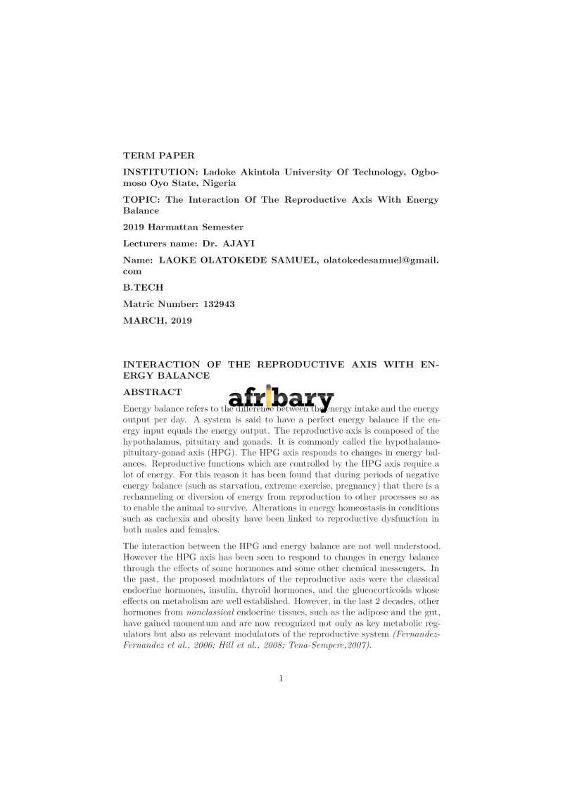 Interaction Of The Reproductive Axis With Energy Balance Afribary