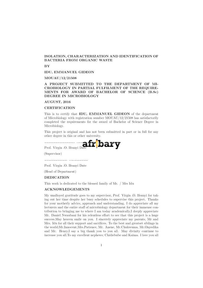 ISOLATION, CHARACTERIZATION AND IDENTIFICATION OF BACTERIA FROM ORGANIC WASTE | Afribary
