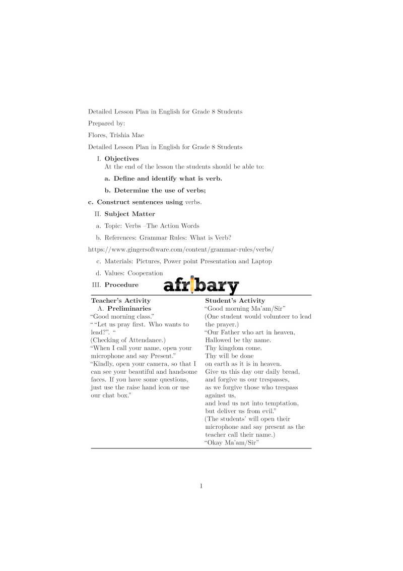 Lesson on Verbs: Detailed Lesson Plan in English for Grade 8 Students ...