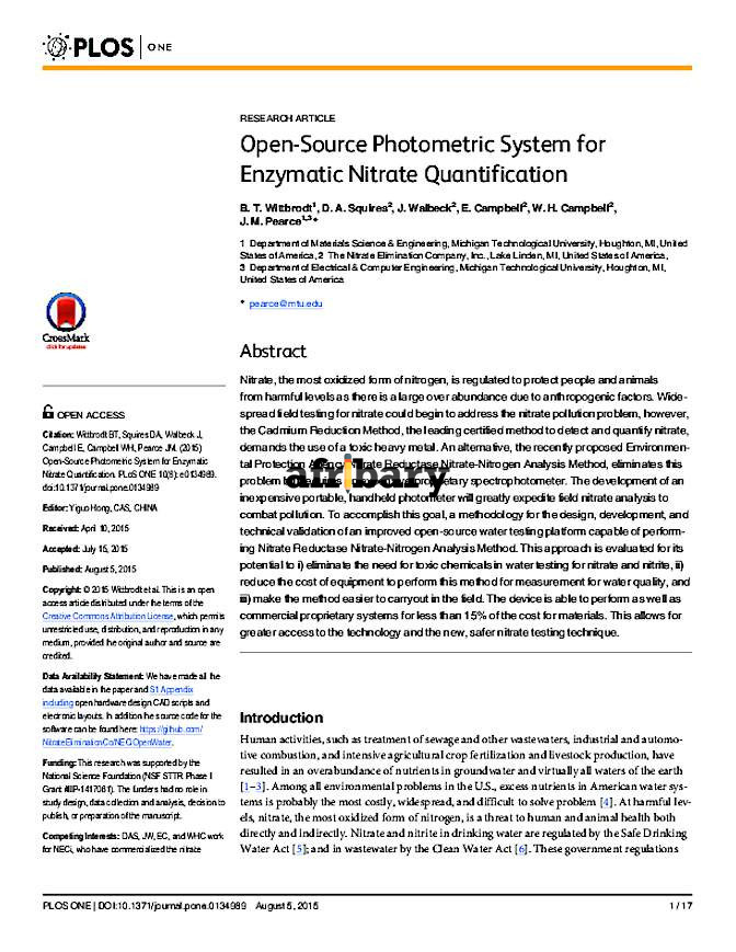 Open Source Photometric System For Enzymatic Nitrate Quantification Afribary