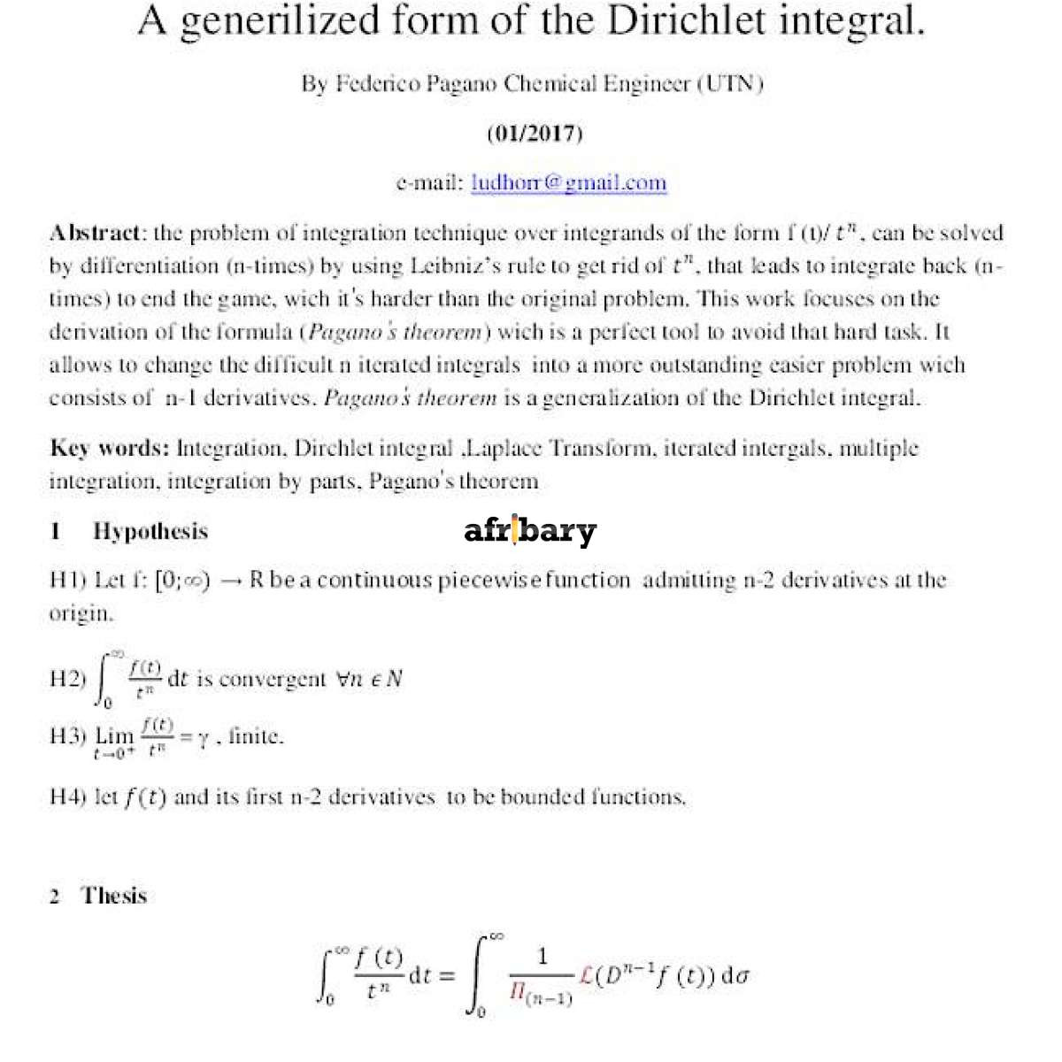 Pagano's theorem. A generalized form of the Dirichlet integral involving Laplace Transforms ...