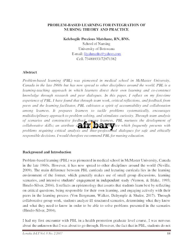 PROBLEM-BASED LEARNING FOR INTEGRATION OF NURSING THEORY AND PRACTICE ...