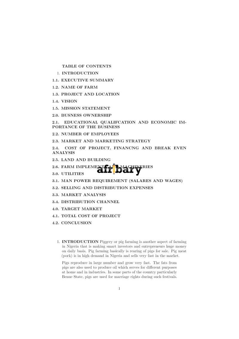 PROJECT PROPOSAL ON PIGGERY | Afribary