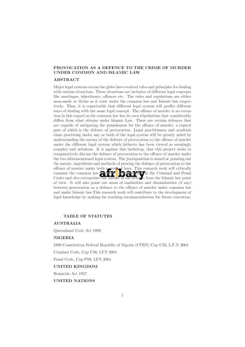 Provocation As A Defence To The Crime Of Murder Under Common And ...