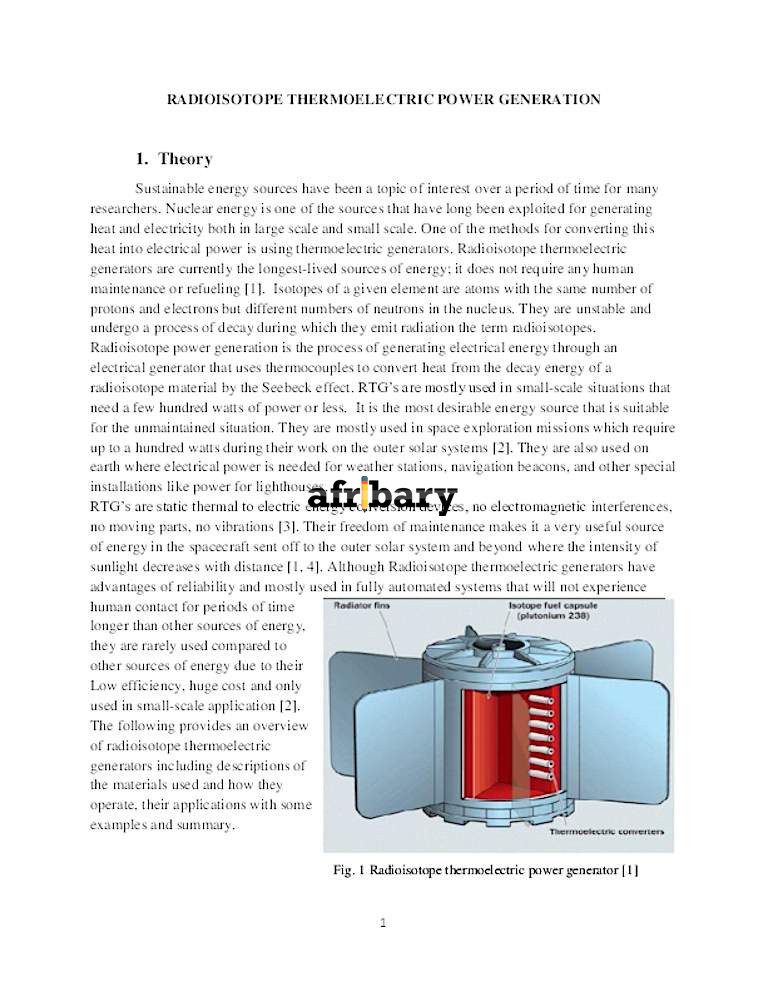 RADIOISOTOPE THERMOELECTRIC POWER GENERATION | Afribary