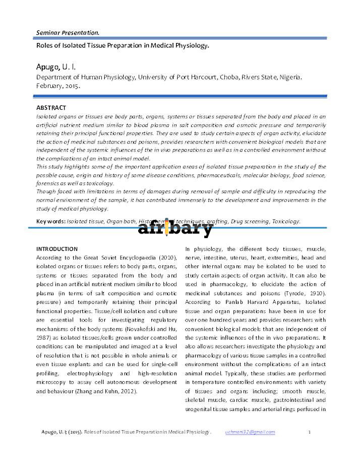 Roles of Isolated Tissue Preparation in Medical Physiology. | Afribary