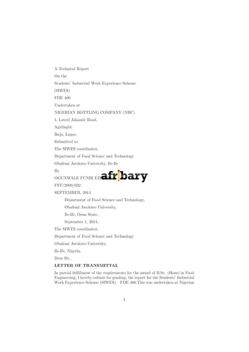 Students’ Industrial Work Experience Scheme (SIWES) FDE 400 Undertaken ...