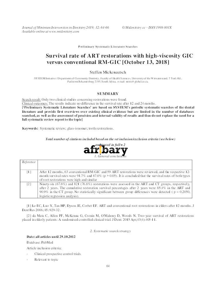 Survival rate of ART restorations with high-viscosity GIC versus ...