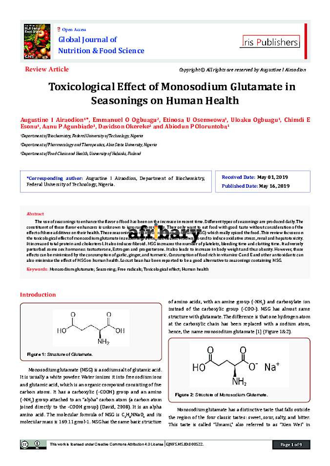 Toxicological Effect of Monosodium Glutamate in Seasoning on Human ...